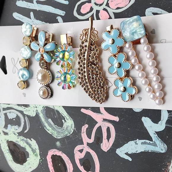 Accessories | Nwt Set Of 6 Blue And White Hair Clips With Rhinestone ...